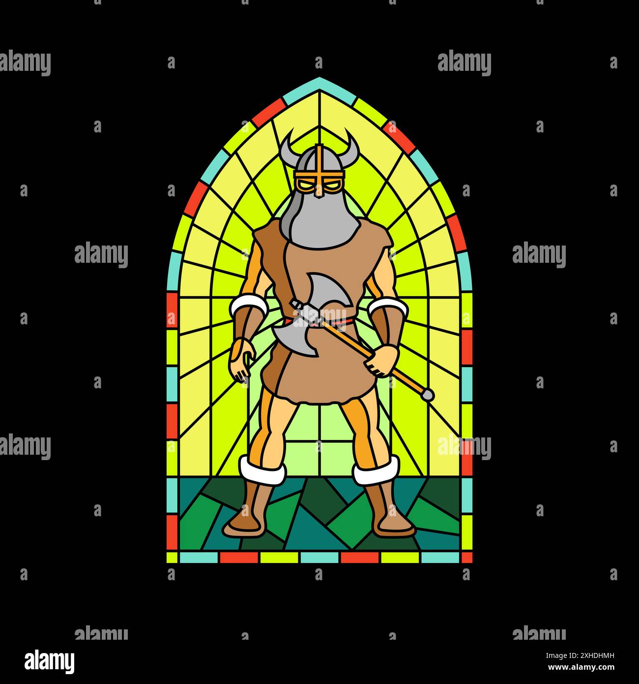 Viking warrior colorful stained glass window. Colored gothic mosaic ...