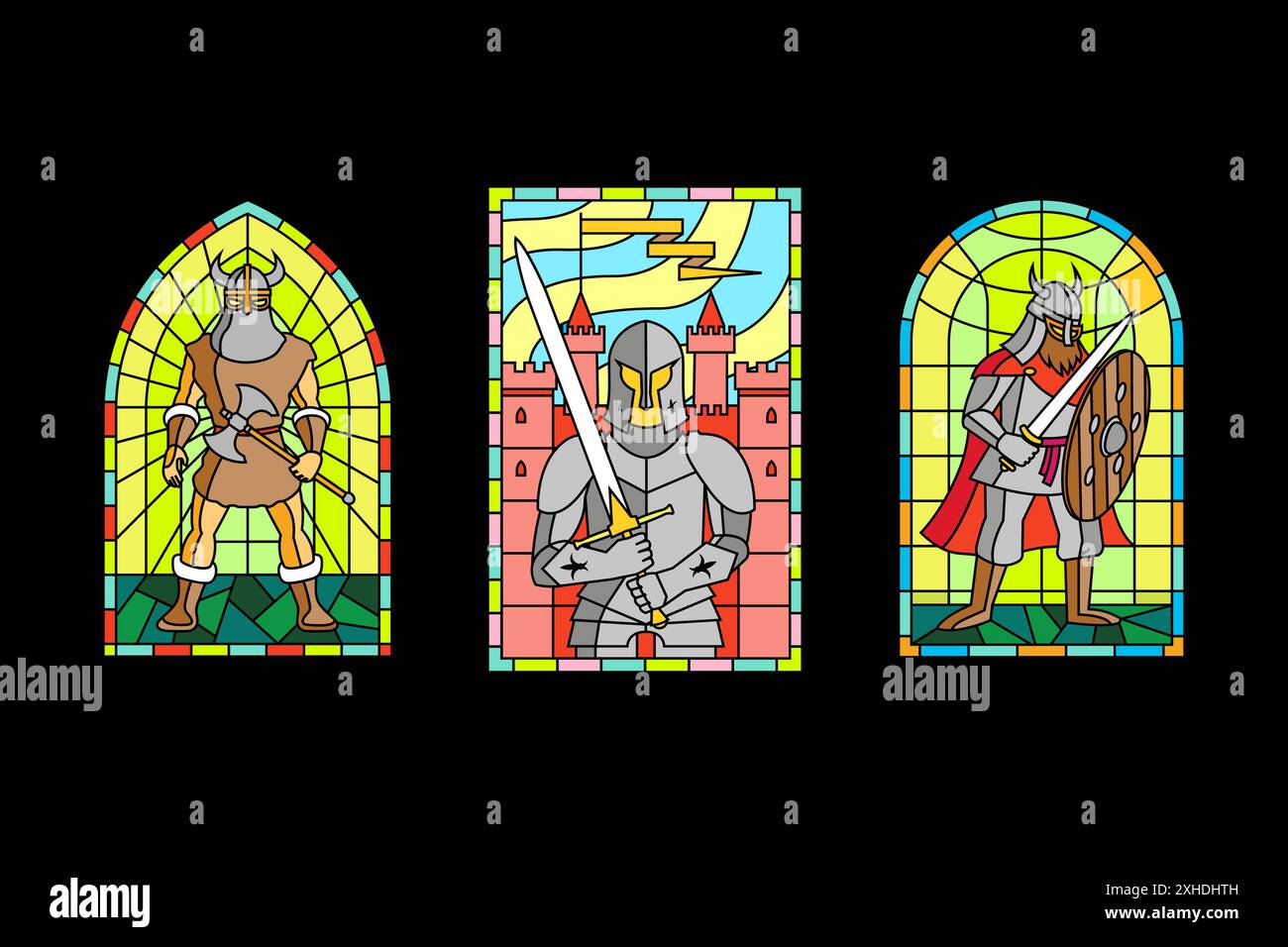 Set of viking warrior and Medieval Knights colorful stained glass ...