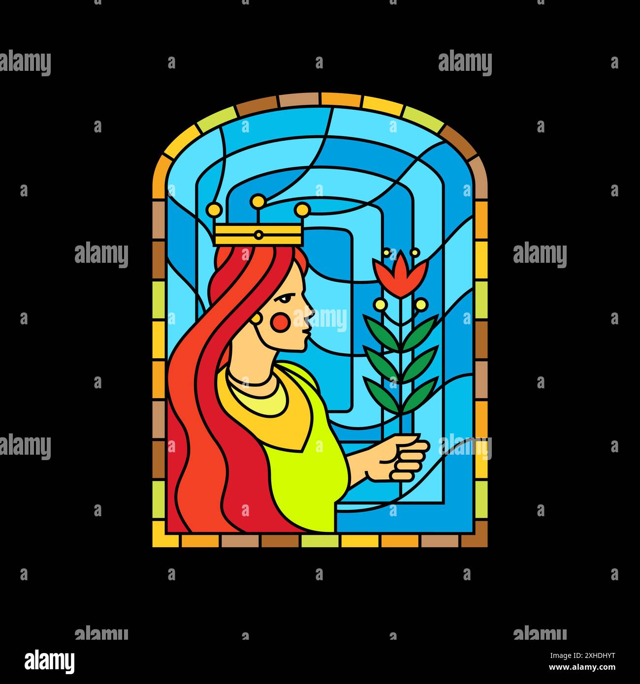 Medieval princess with flower colorful stained glass window. Colored ...