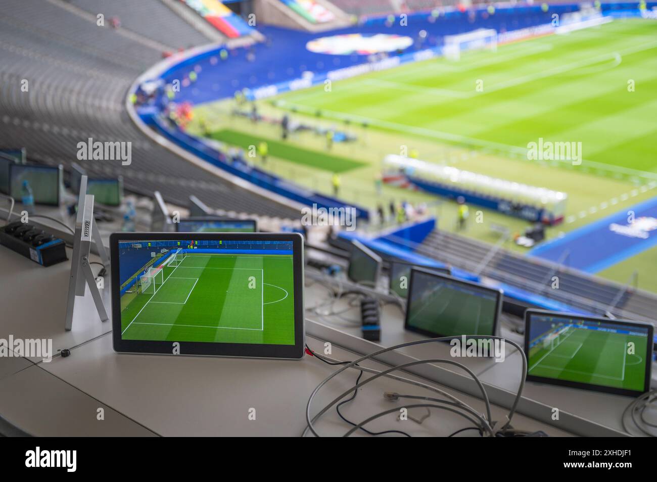 Commentary stations with monitors in the football stadium Stock Photo ...