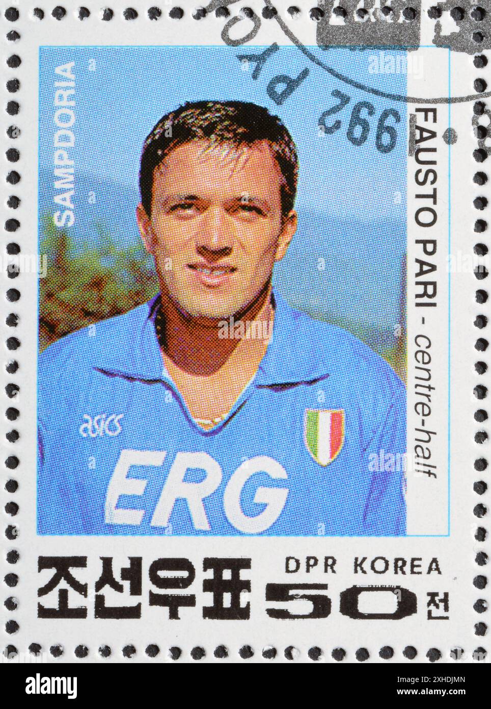 Cancelled postage stamp printed by North Korea, that shows Fausto Pari ...