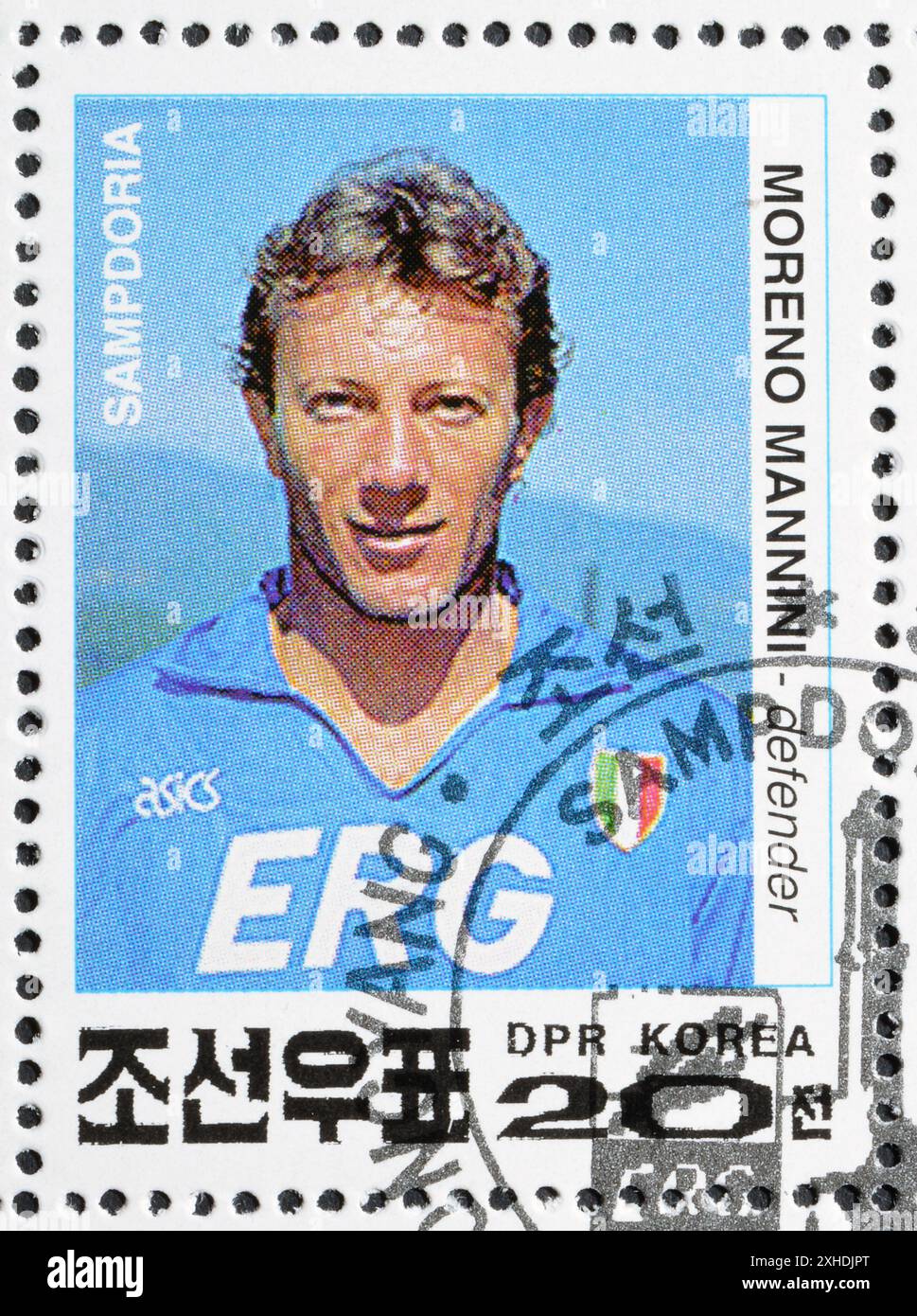 Cancelled postage stamp printed by North Korea, that shows Moreno Mannini, defender, Winners of ...