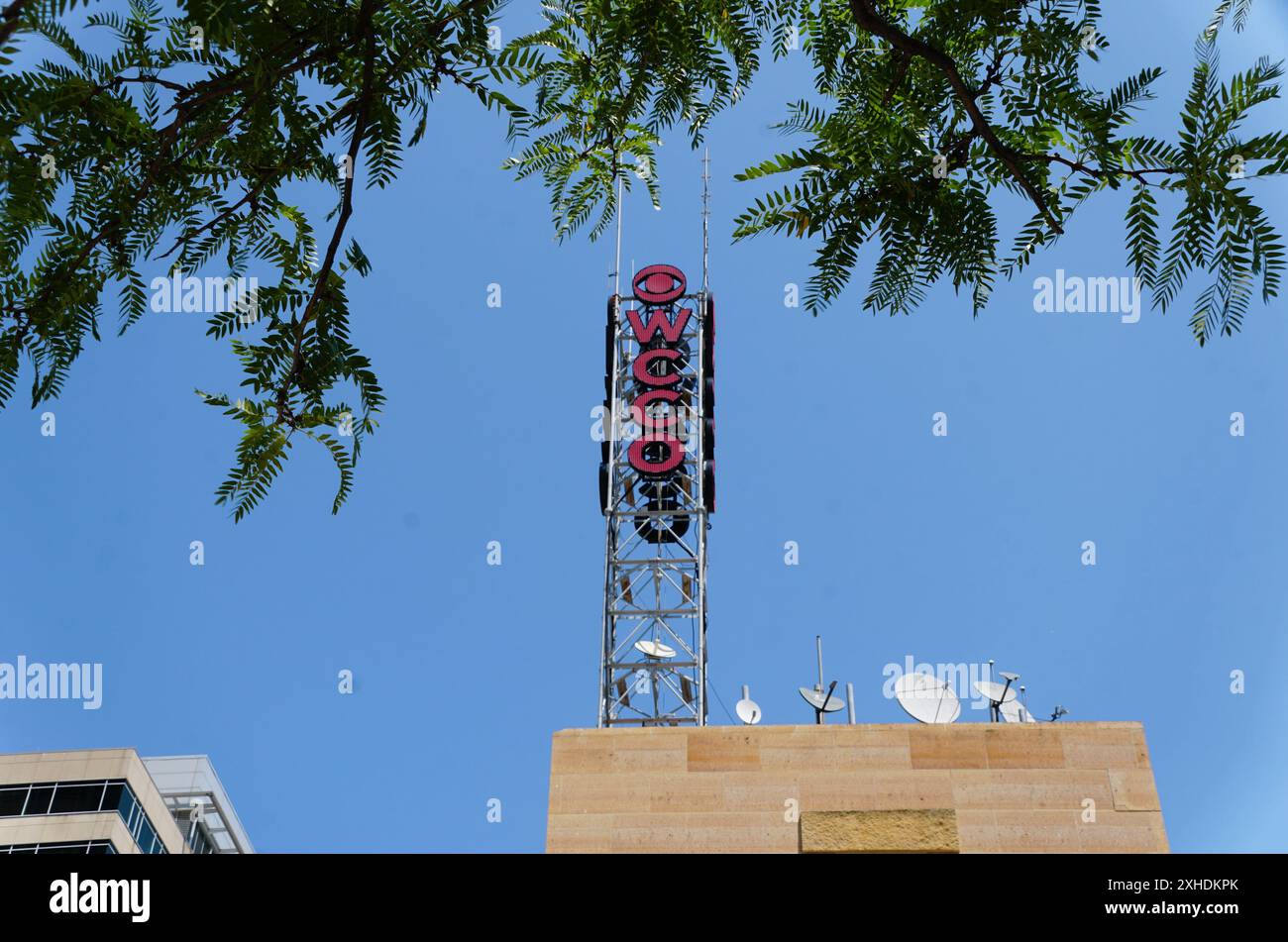 Minneapolis, Minnesota, U.S - July 12, 2024 - The red WCCO antenna and ...