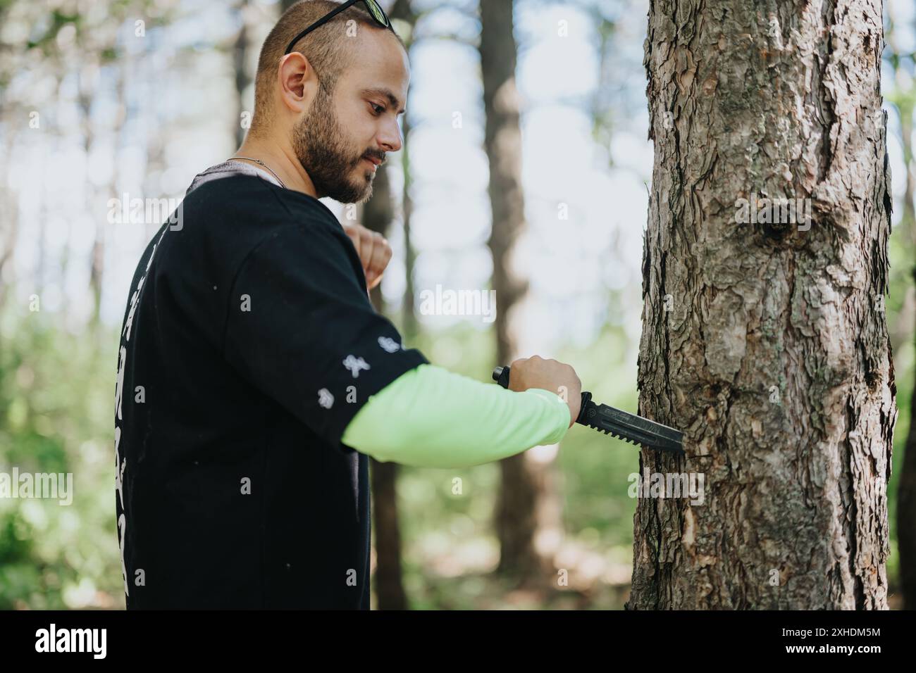 Man cutting tree trunk with knife in forest. Outdoor activity and ...