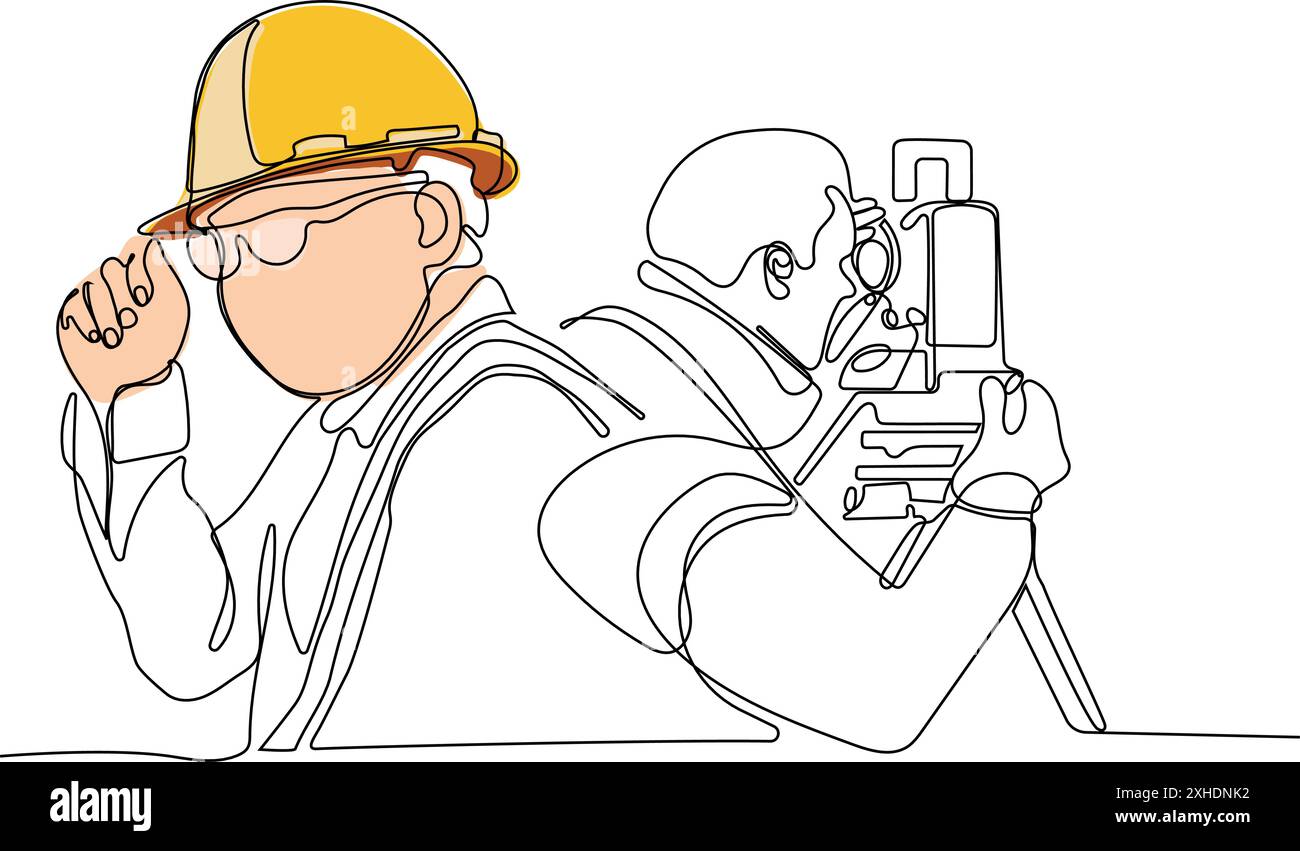 Close up of Caucasian worker with helmet on head using tablet for work ...