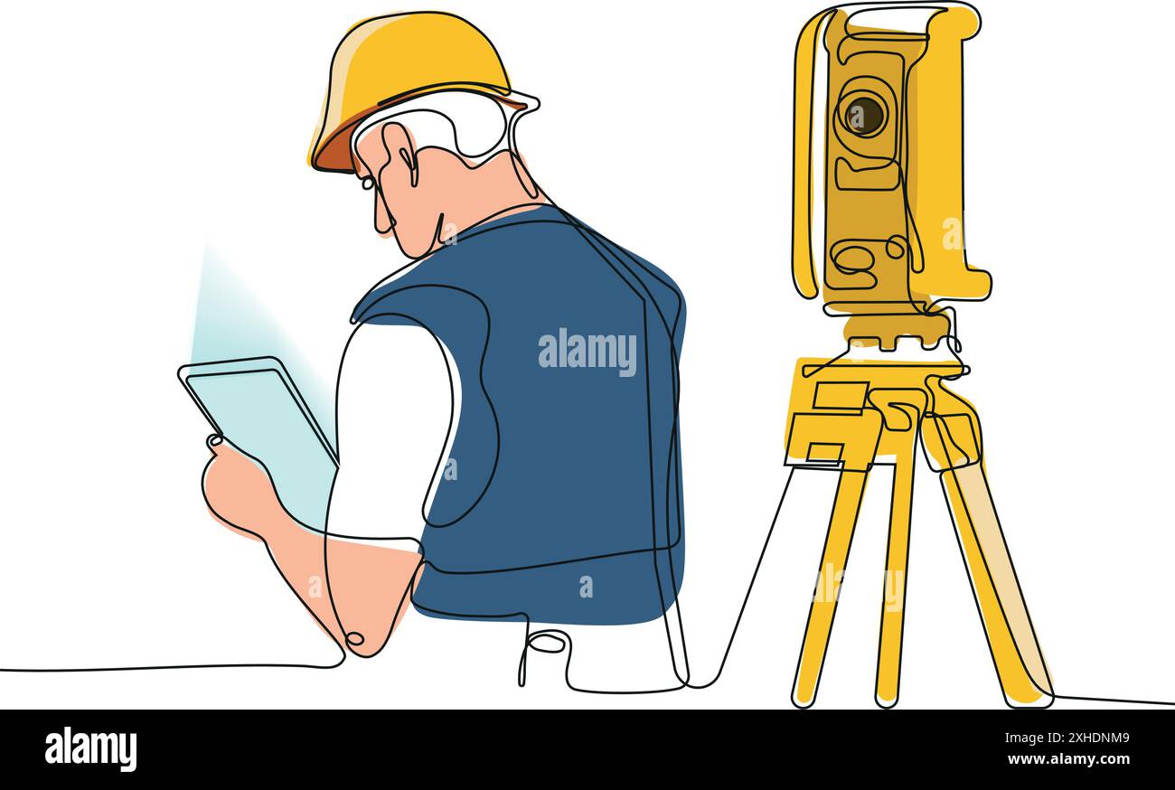 Close up of Caucasian worker with helmet on head using tablet for work ...