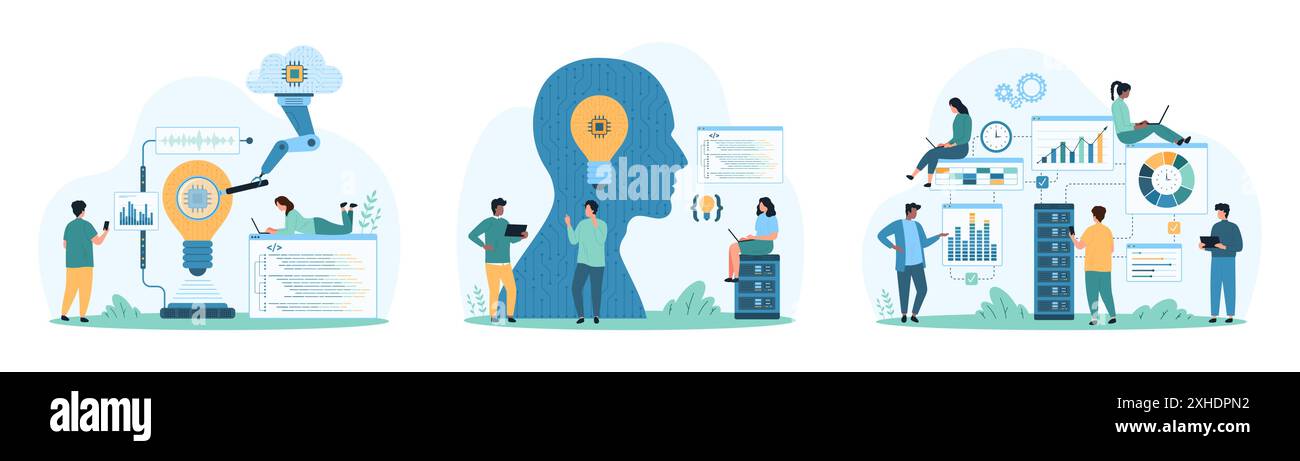 Data processing in computing system, engineering with AI set. Tiny people and cloud bot research ...
