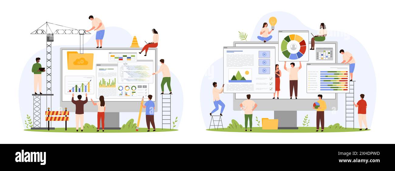 Website project creation process, development of graphic interface usability set. Tiny people ...