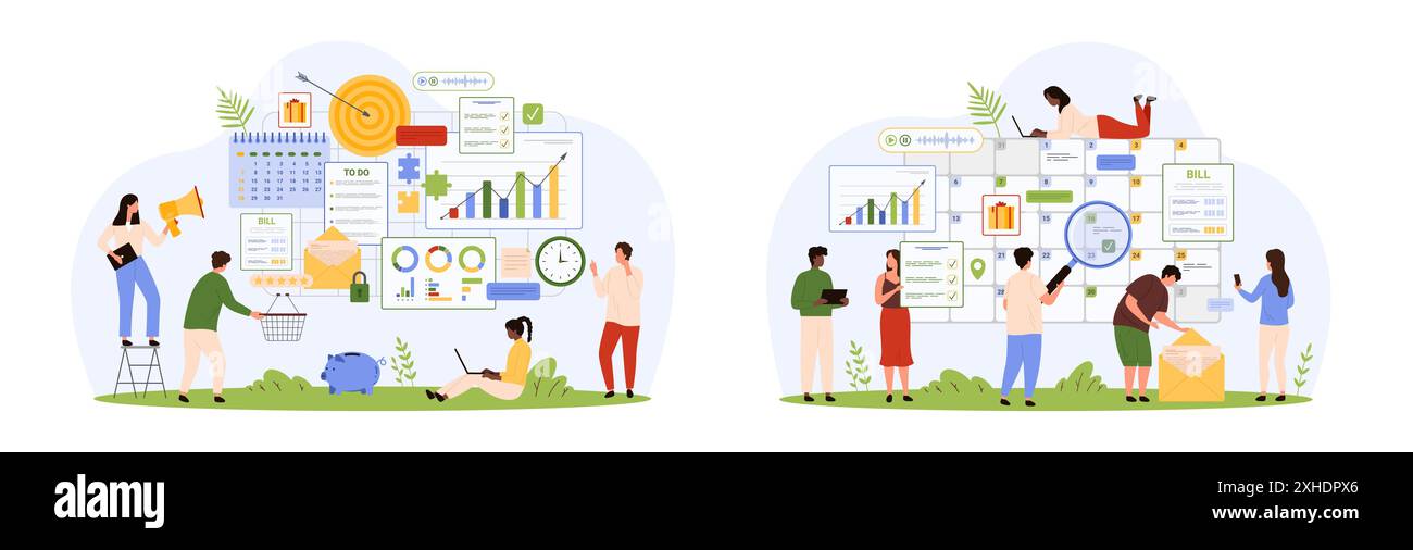 Project organization, planning process set. Tiny people plan daily ...