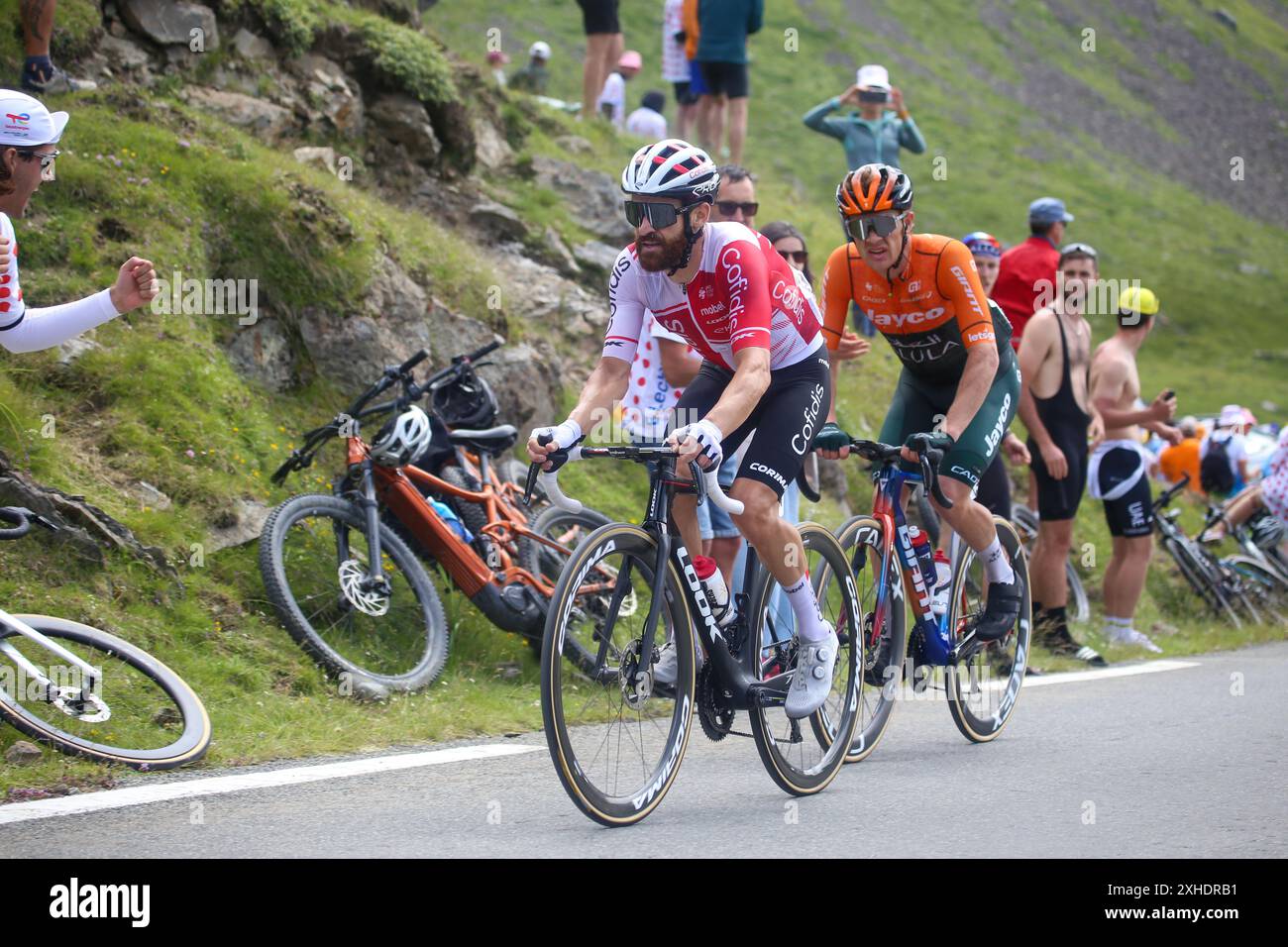 Bareges, France, 13th July 2024: Cofidis cyclist Simon Geschke (144, L ...