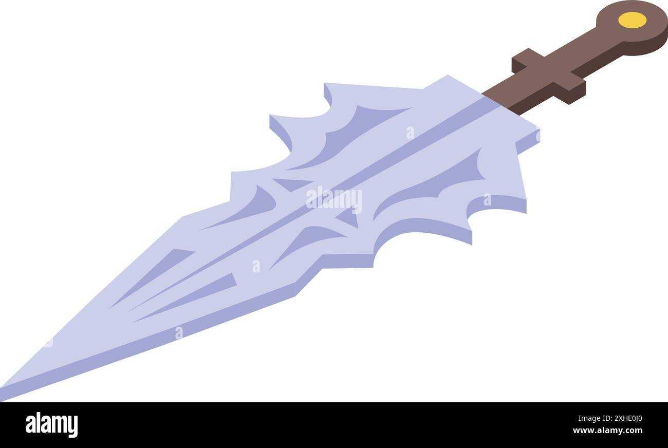 Fantasy sword with a jagged blade is laying down, an isometric view ...