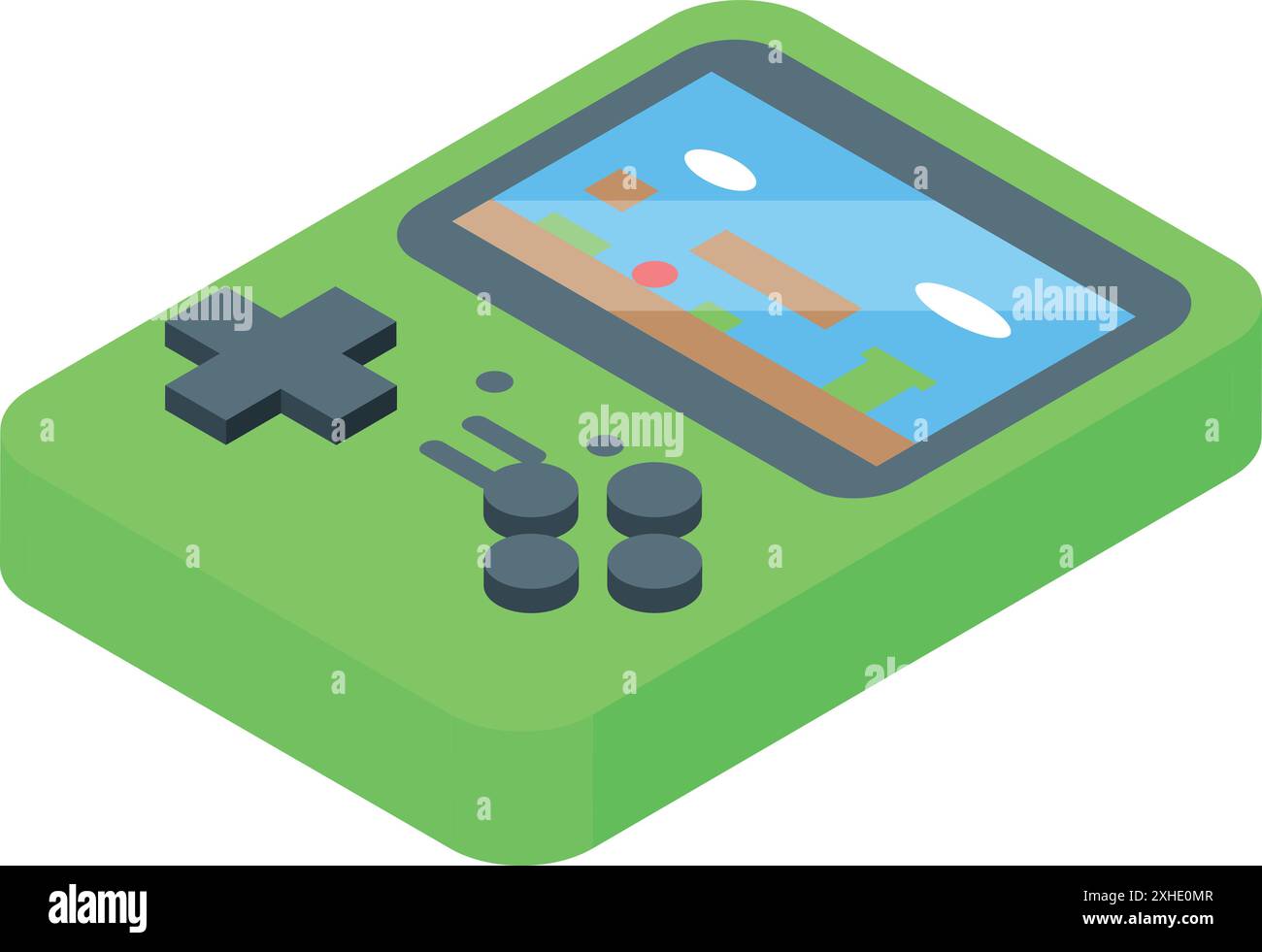 Isometric view of a green handheld video game console displaying a ...