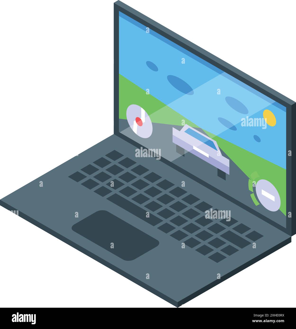 Modern laptop is displaying a car racing video game, featuring a ...