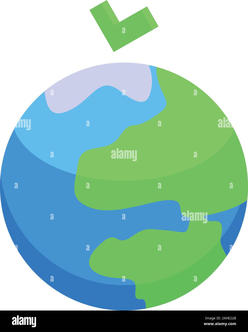Cartoon earth icon with green continents and a green check mark above ...