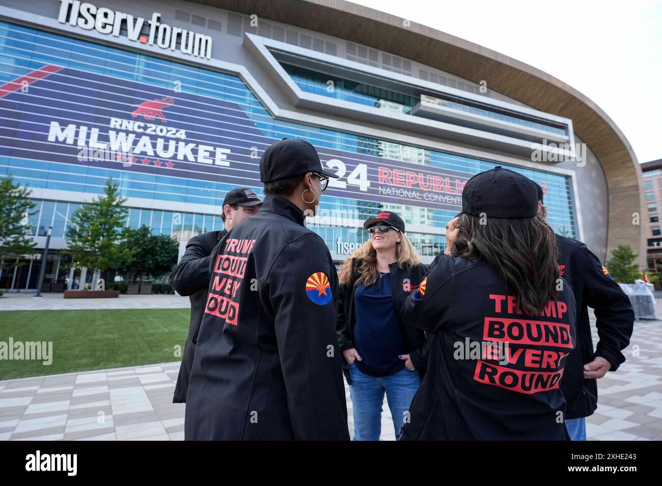 A group from Arizona speak outside the Fiserv Forum ahead of the 2024 ...