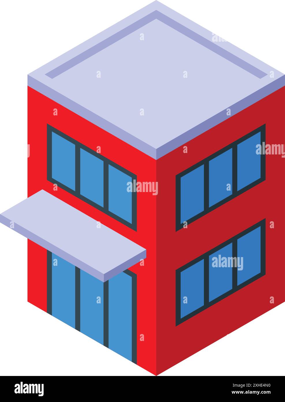 Red two story building with awning, windows, and flat roof on white ...