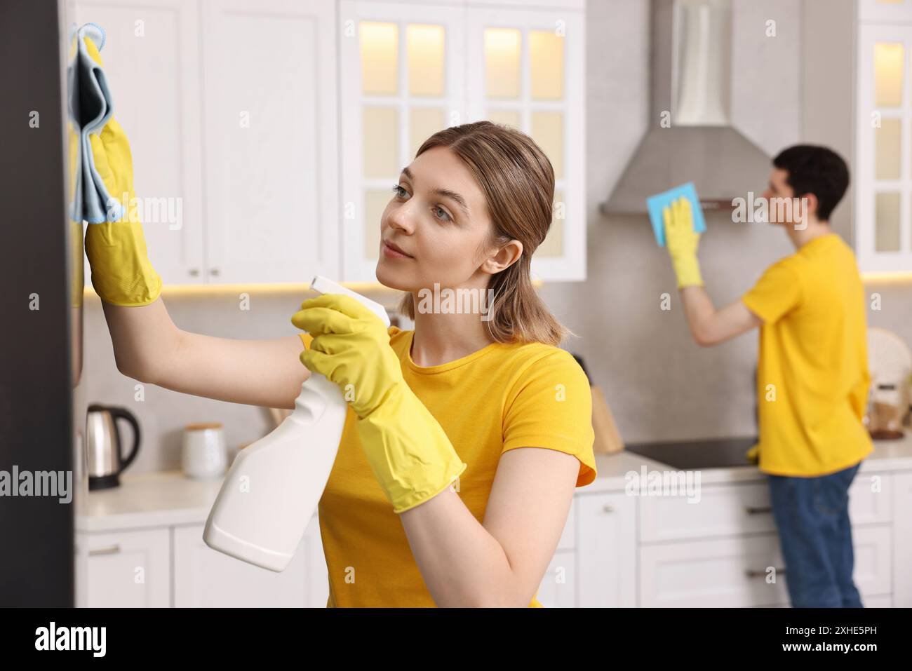Professional janitors working in kitchen. Cleaning service Stock Photo ...