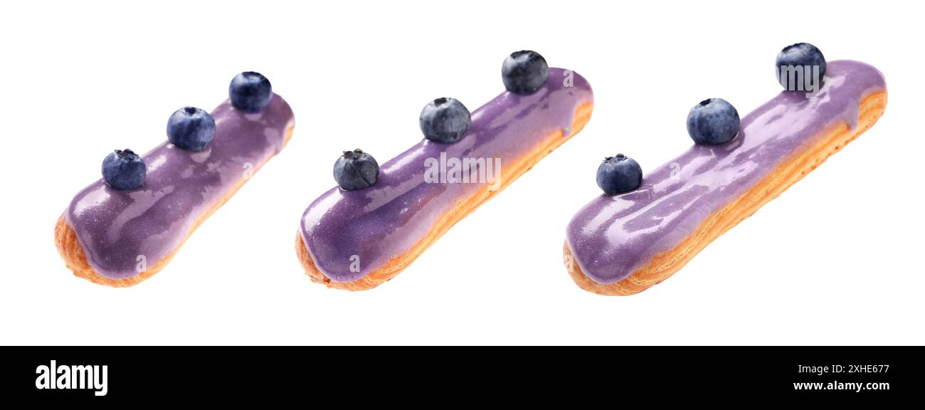 Tasty eclair with purple frosting isolated on white, collage Stock ...