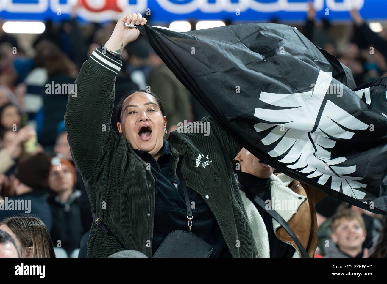 Auckland, New Zealand. 13th July, 2024. New Zealand fan celebrates her ...