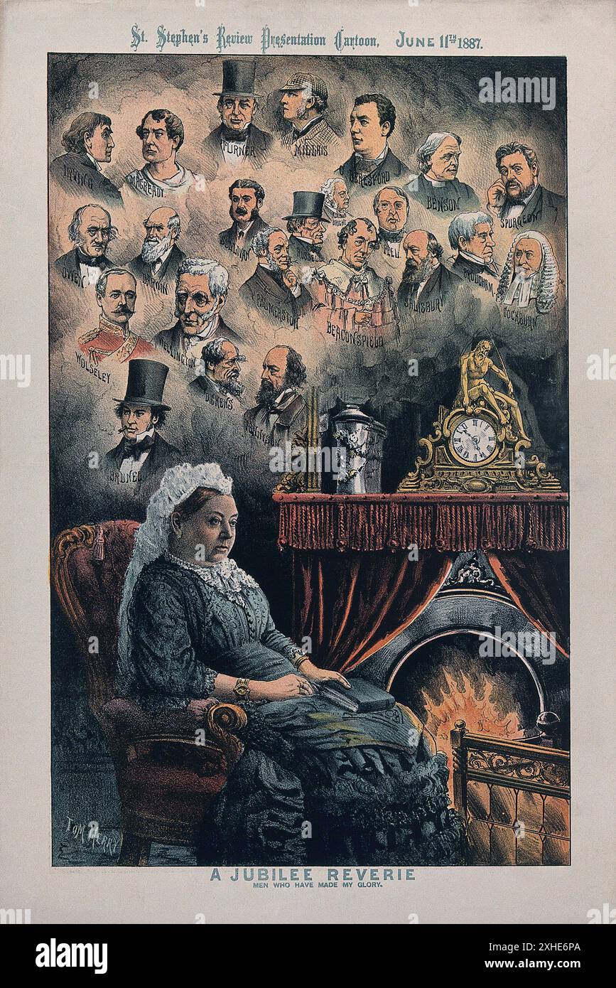 Queen Victoria, seated in an armchair by an open fire, day-dreaming ...