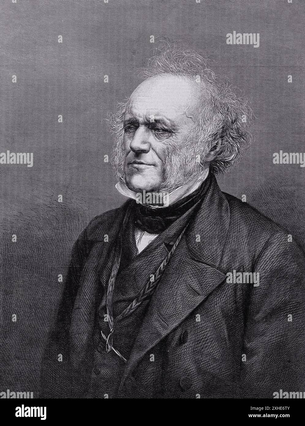 A detailed wood engraving portrait of Sir Charles Lyell, a prominent ...