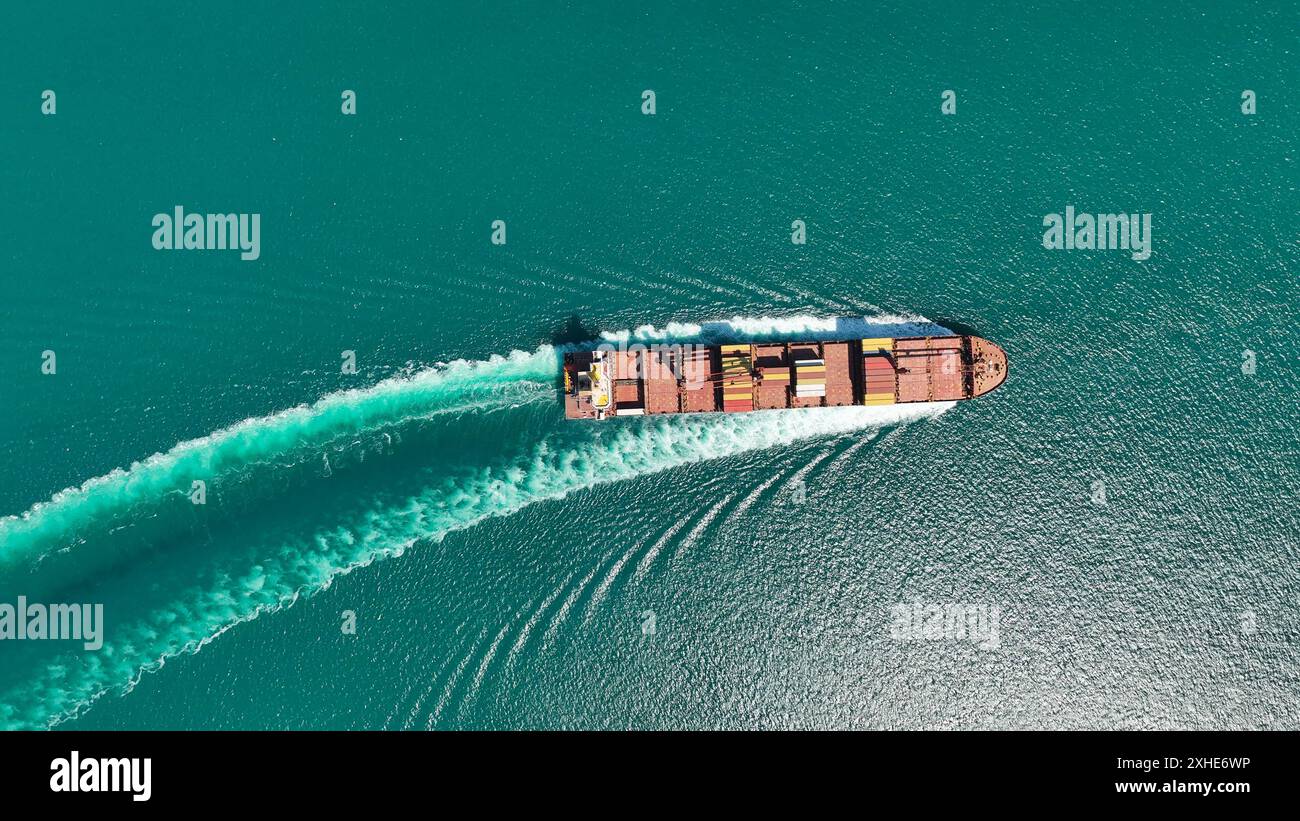 Aerial view of the freight shipping transport system cargo ship ...