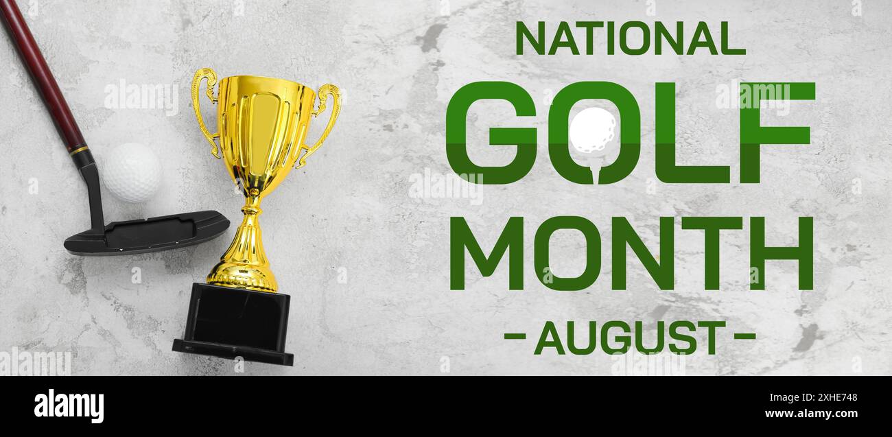 Gold cup, golf club and ball on light grunge background. Banner for ...