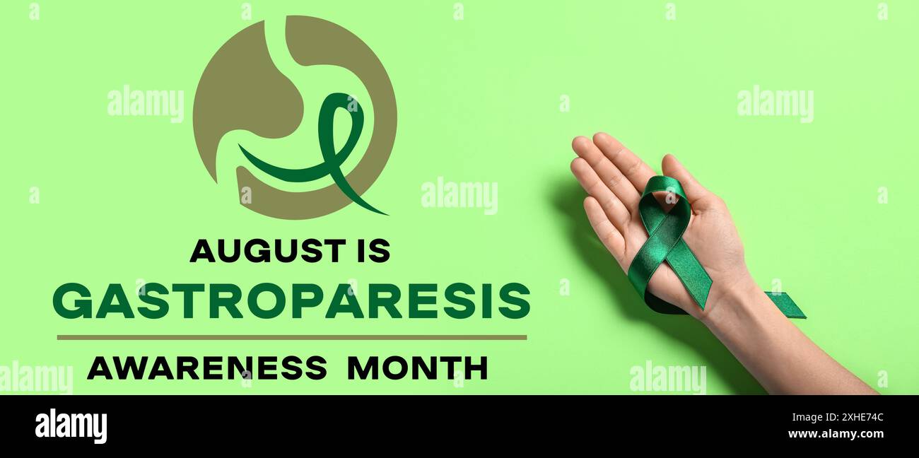 Hand with ribbon on green background. Banner for Gastroparesis ...