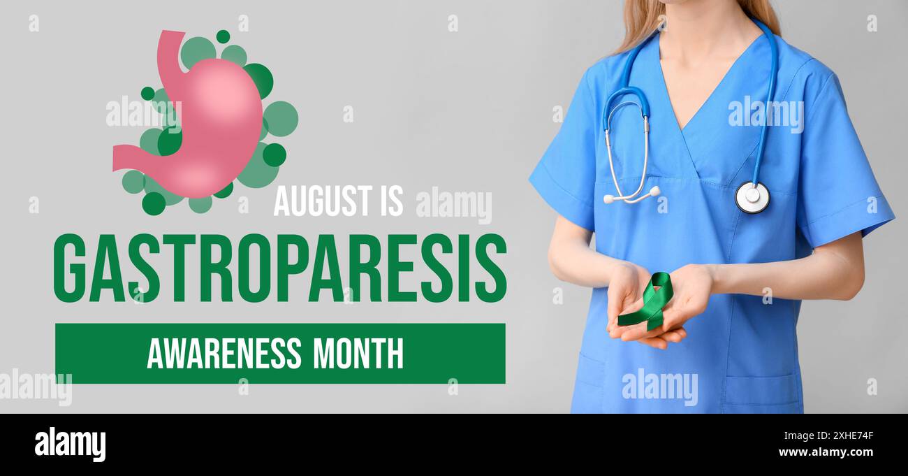 Female doctor with green ribbon on grey background. Banner for ...