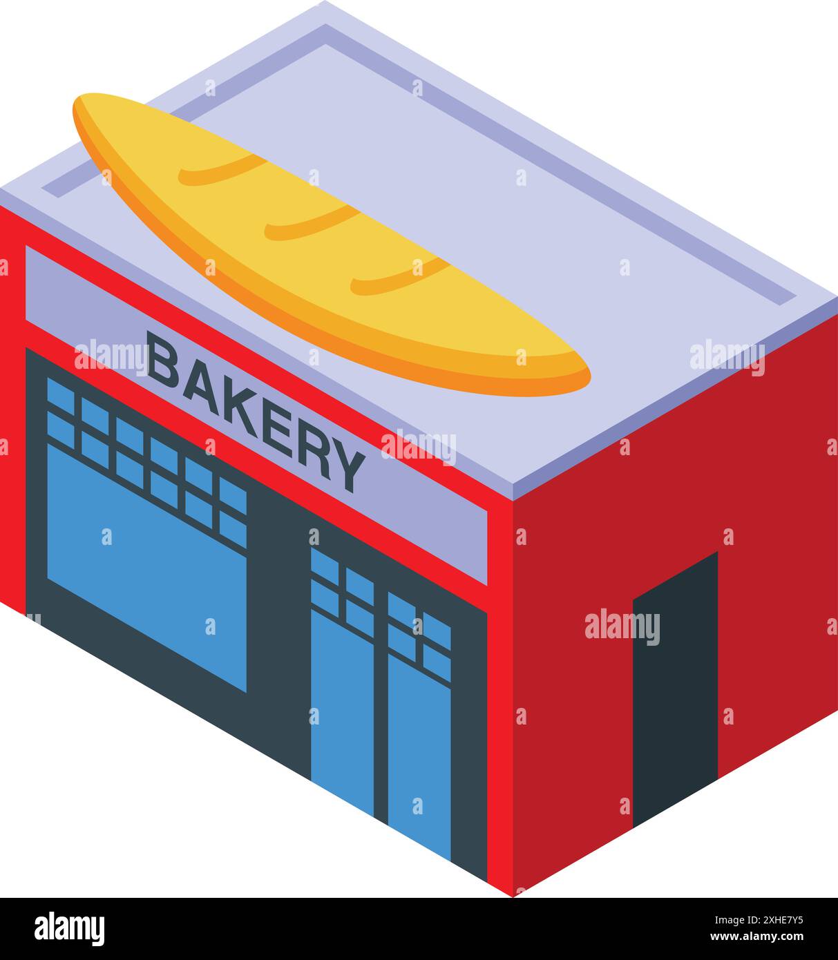 Bakery building facade with a bread sign on the roof is shown in this ...