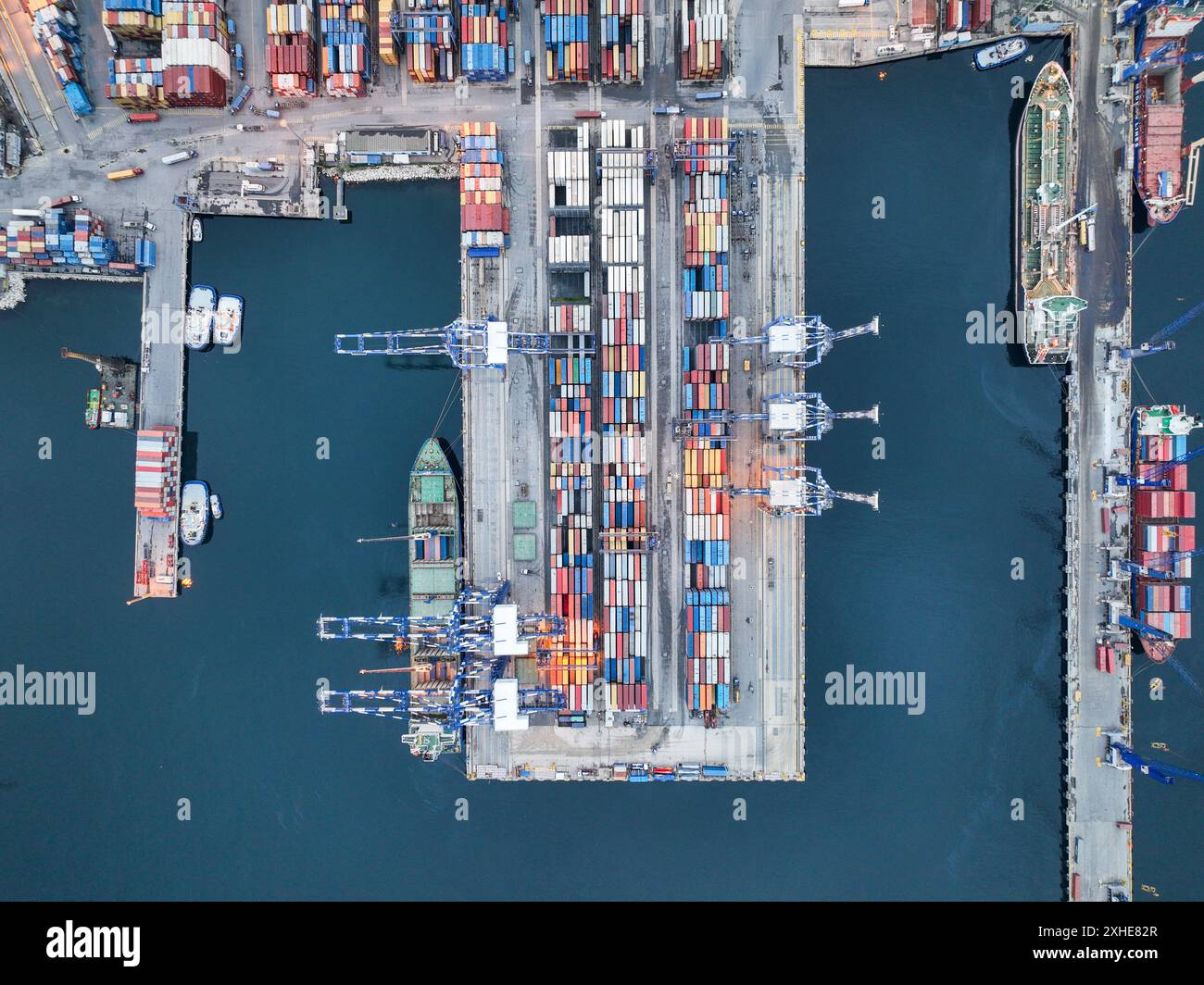 Aerial top view of Container ship loading and unloading, Cargo ...