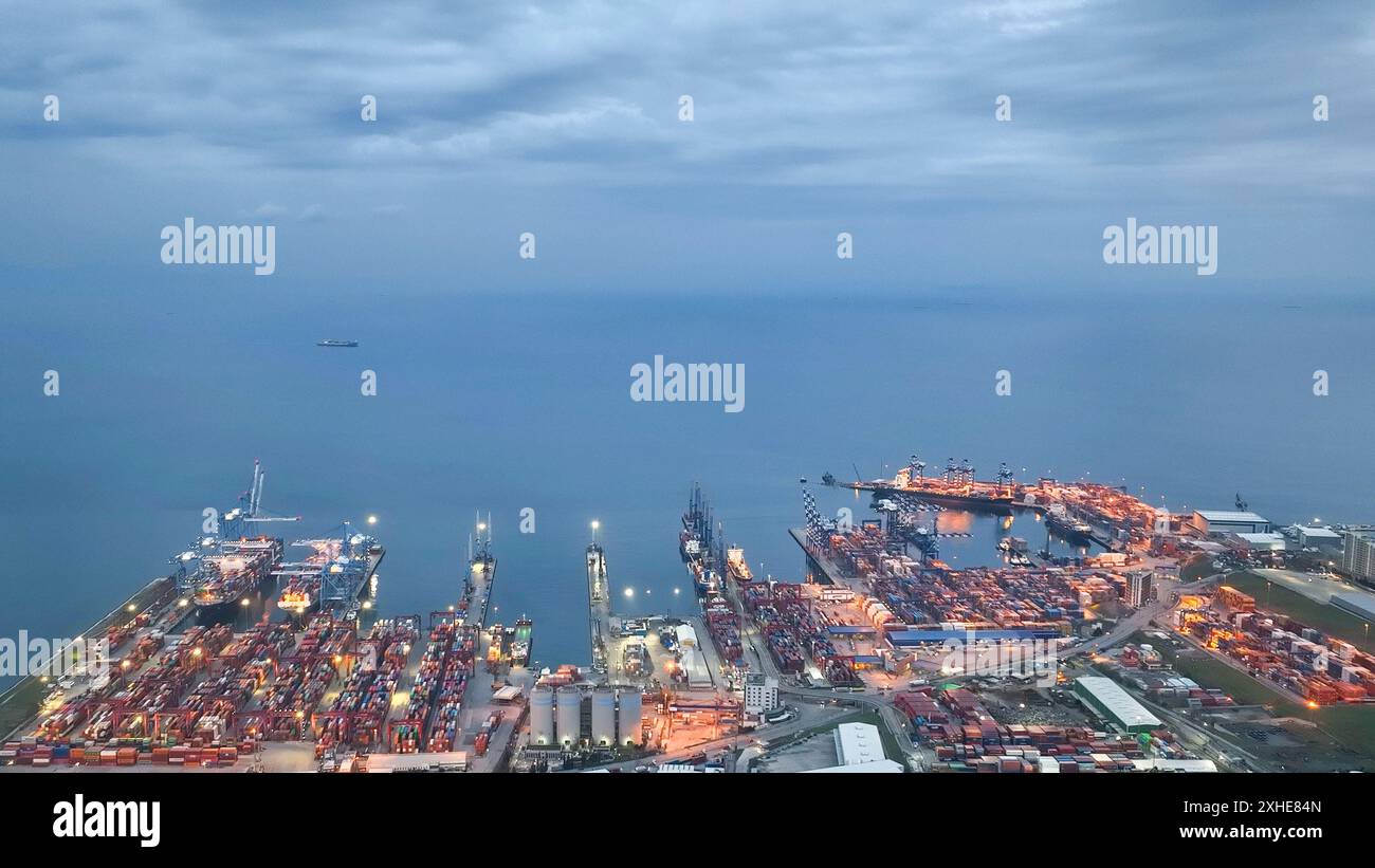 Aerial top view of Container ship loading and unloading, Cargo ...
