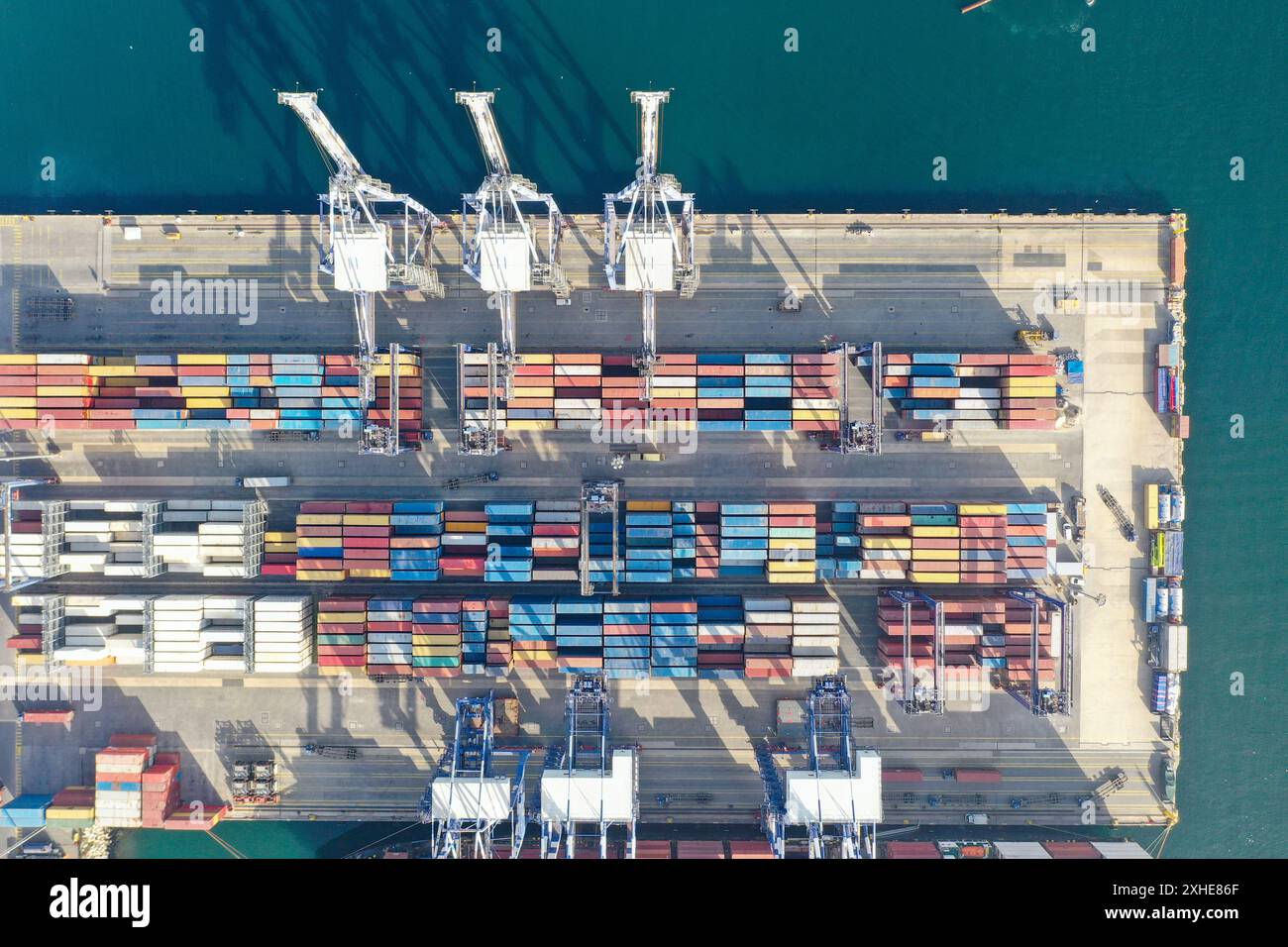 Aerial top view of Container ship loading and unloading, Cargo ...