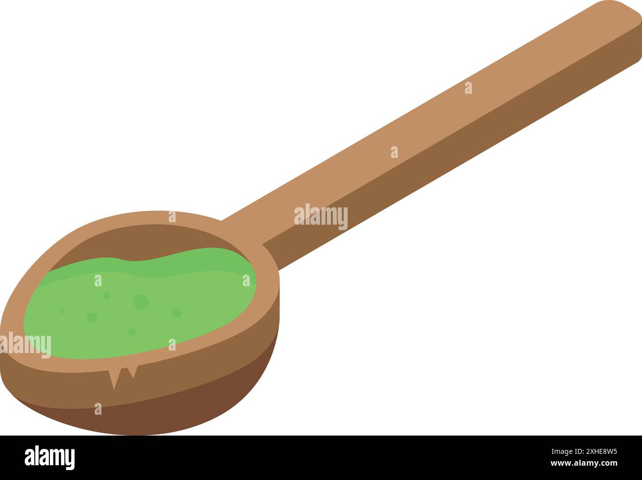 Wooden spoon is holding green matcha powder, ready to be whisked into a ...