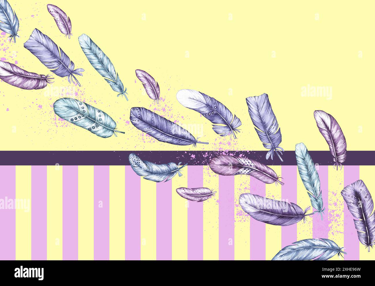 Hand drawn feather and stripe background. Watercolor feathers with ...