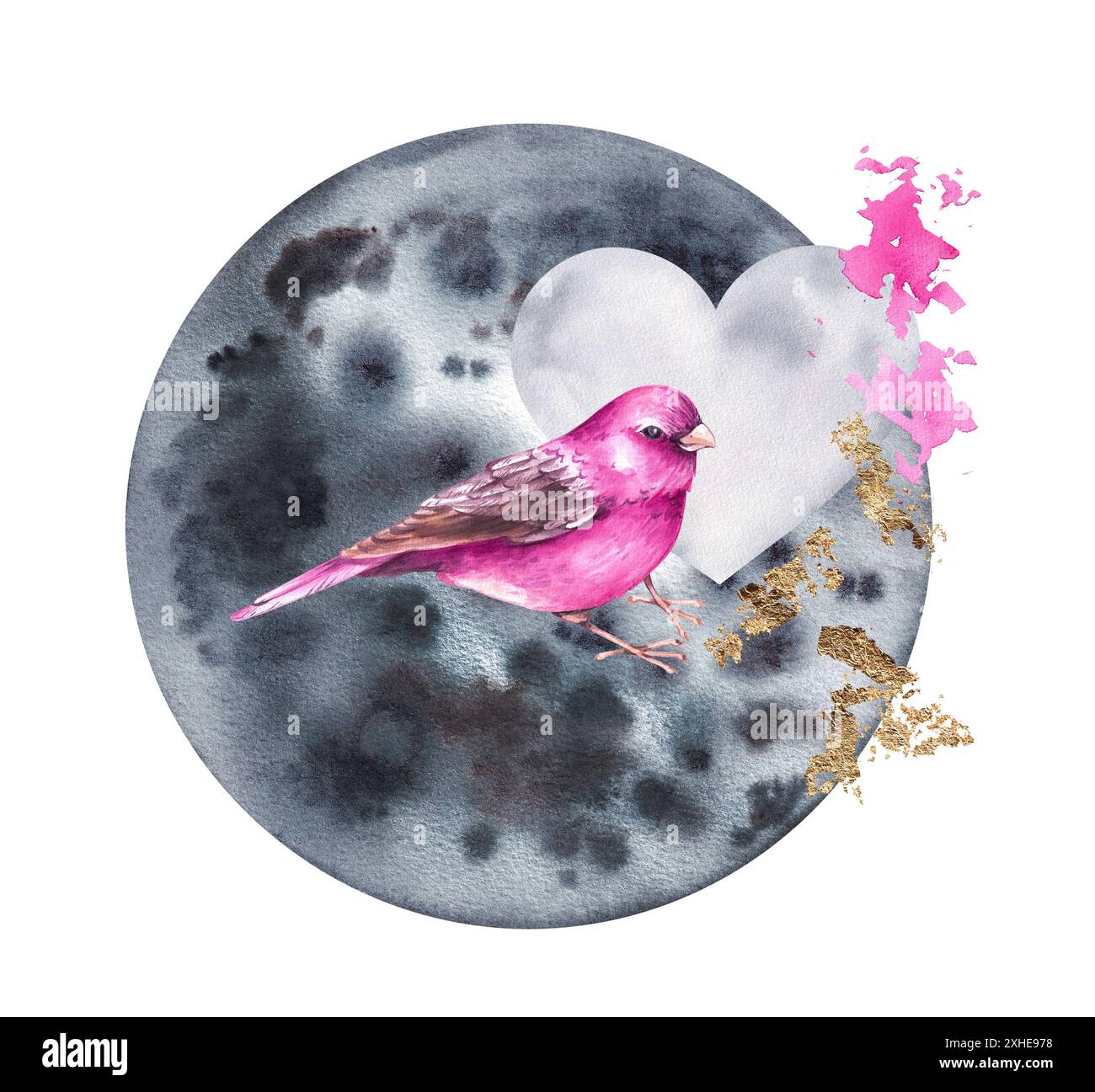 Collage with hand-drawn moon and bird. Watercolor collage bird with ...