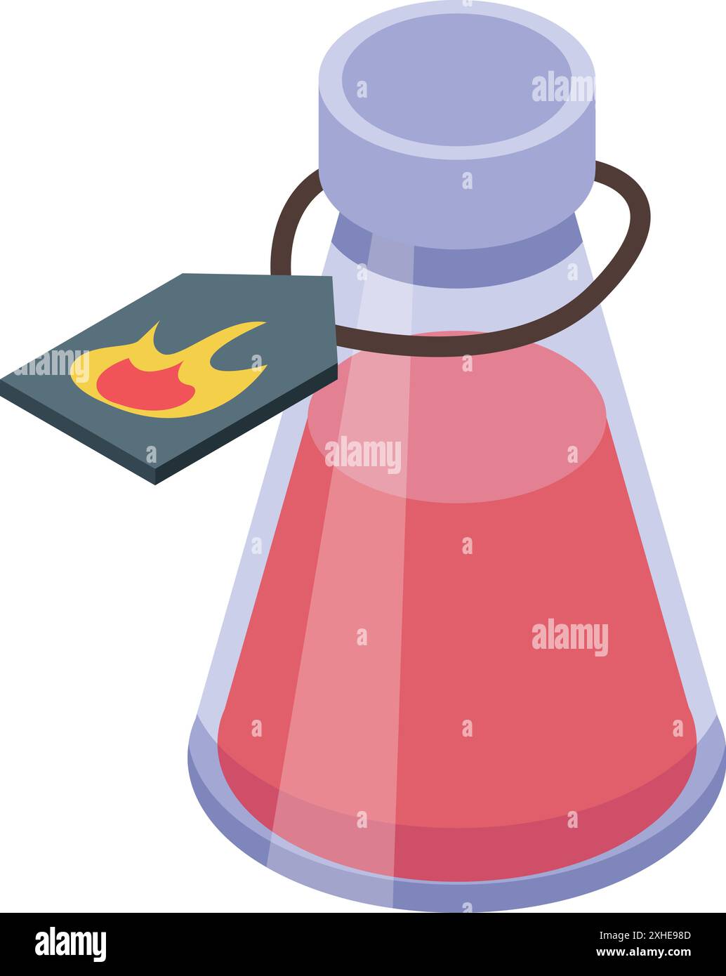 Alchemist is preparing a red potion with a fire symbol in a retort ...
