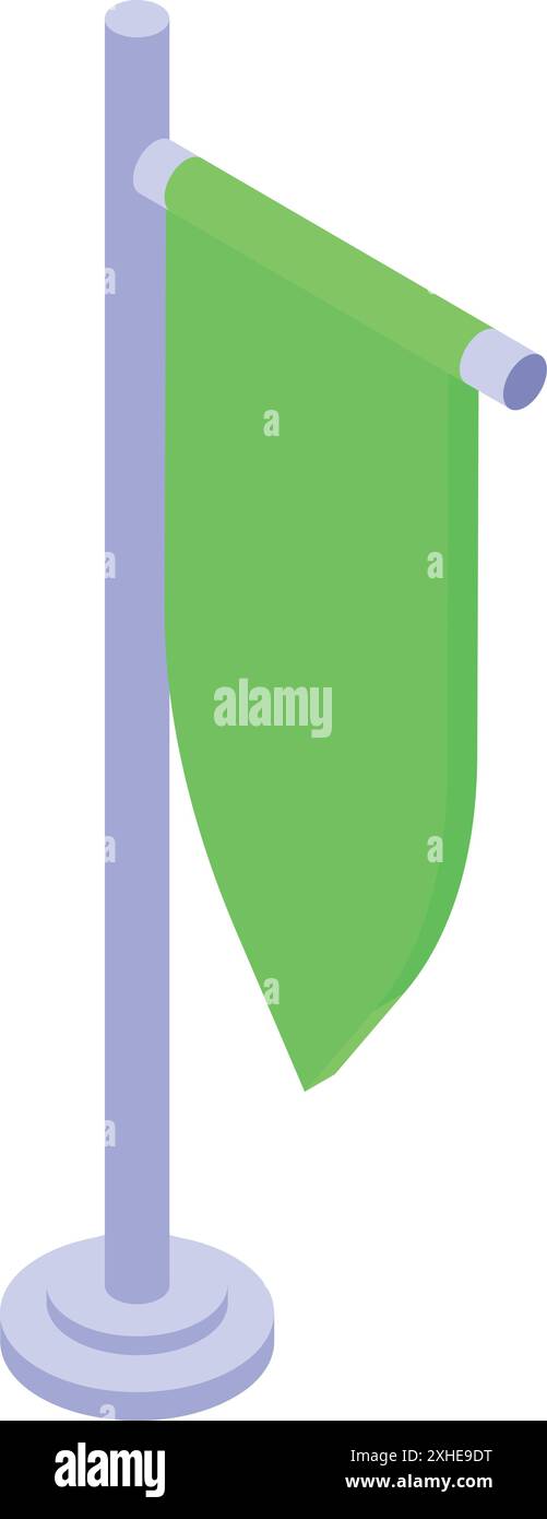 Green teardrop flag is hanging on a metallic pole, isolated on a white ...