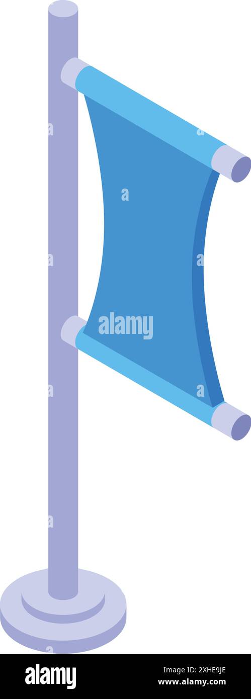 Blue rectangular textile banner flag waving on metal pole fixed to ...