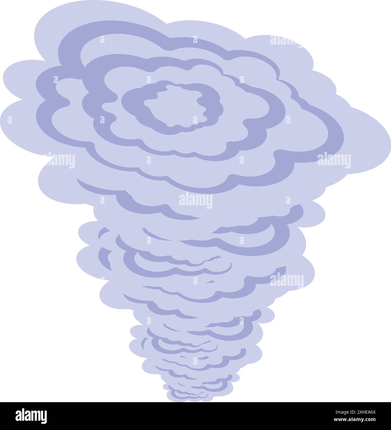 Cartoon tornado is spinning, sucking up purple clouds into its funnel ...