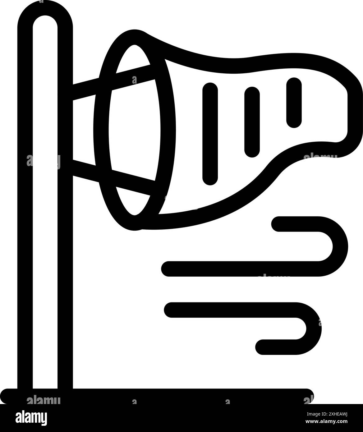 Line icon of a windsock fully inflated by a strong wind, indicating the ...
