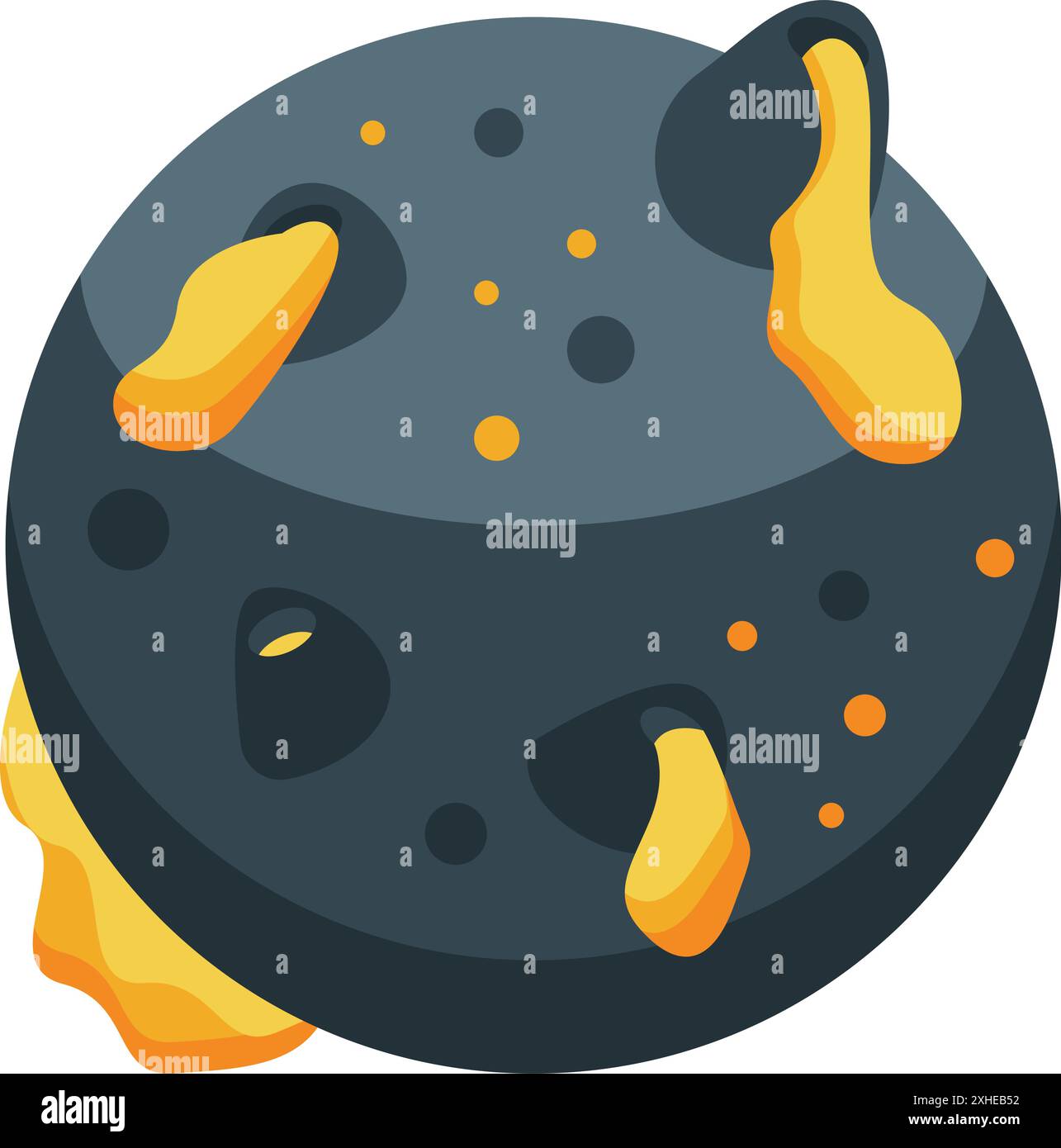 Grey planet with craters and yellow lava erupting from volcanoes ...