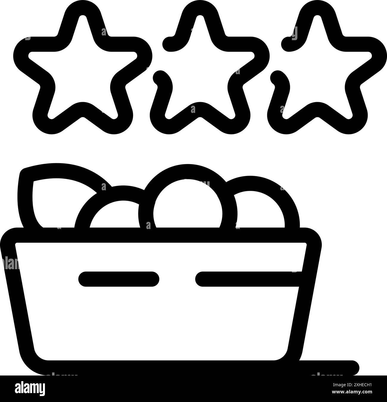 Line icon of a basket overflowing with fresh fruits, receiving a five ...