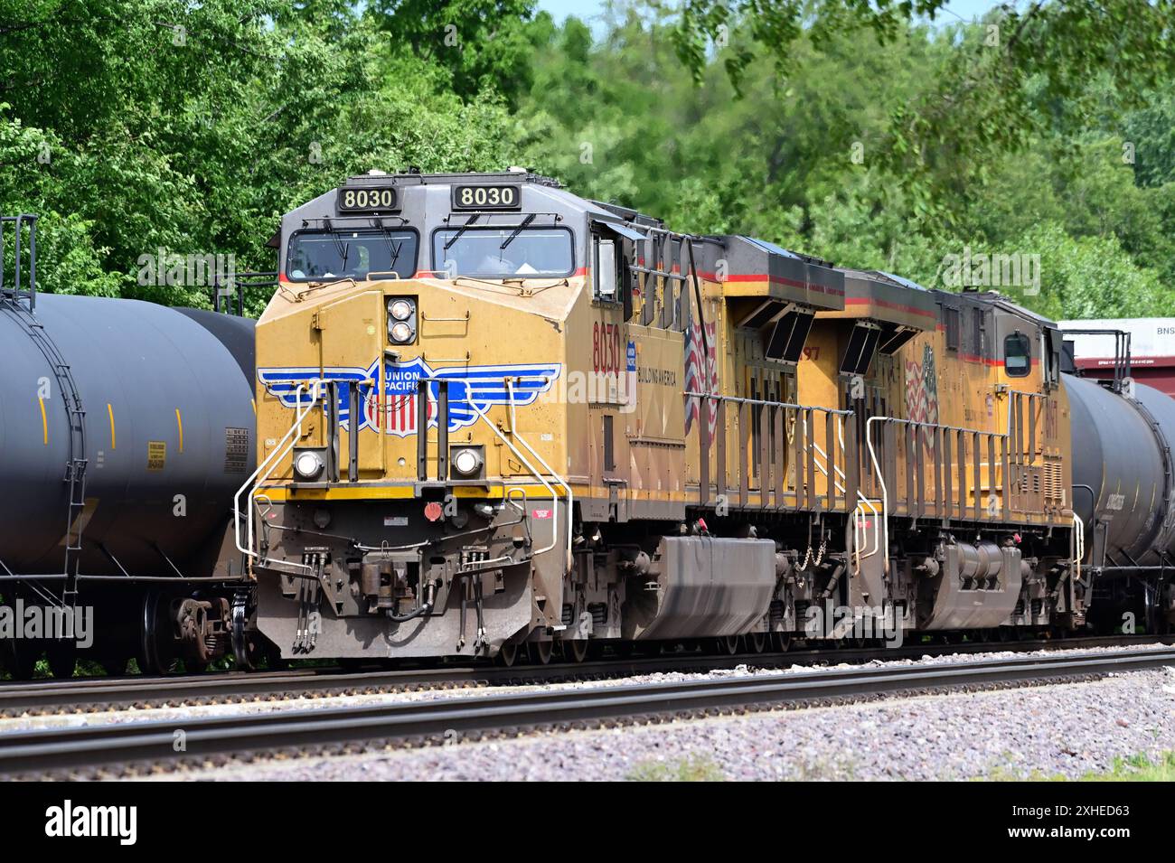 La Fox, Illinois, USA. Multiple locomotives lead a westbound Union Pacific manifest freight ...