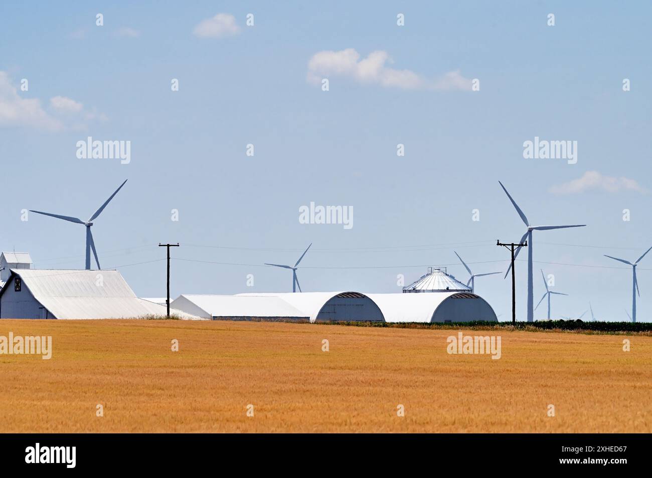 Lee, Illinois, USA. Clusters of wind turbines along with barns and ...