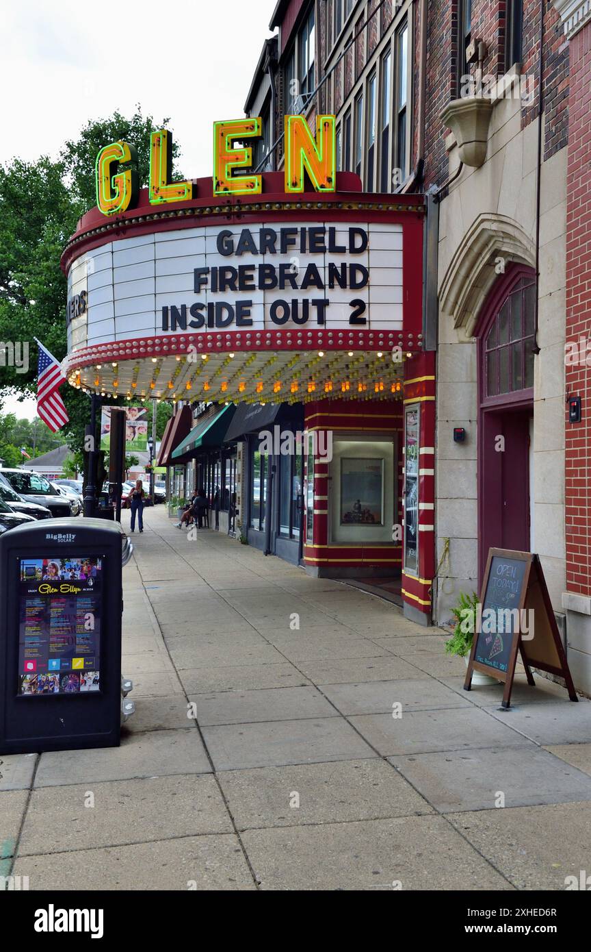 Glen Ellyn, Illinois, USA. A small town movie theater and marquee along ...
