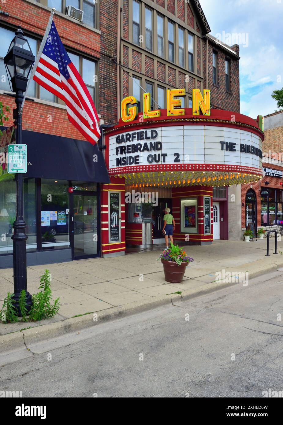 Glen Ellyn, Illinois, USA. A small town movie theater and marquee along ...