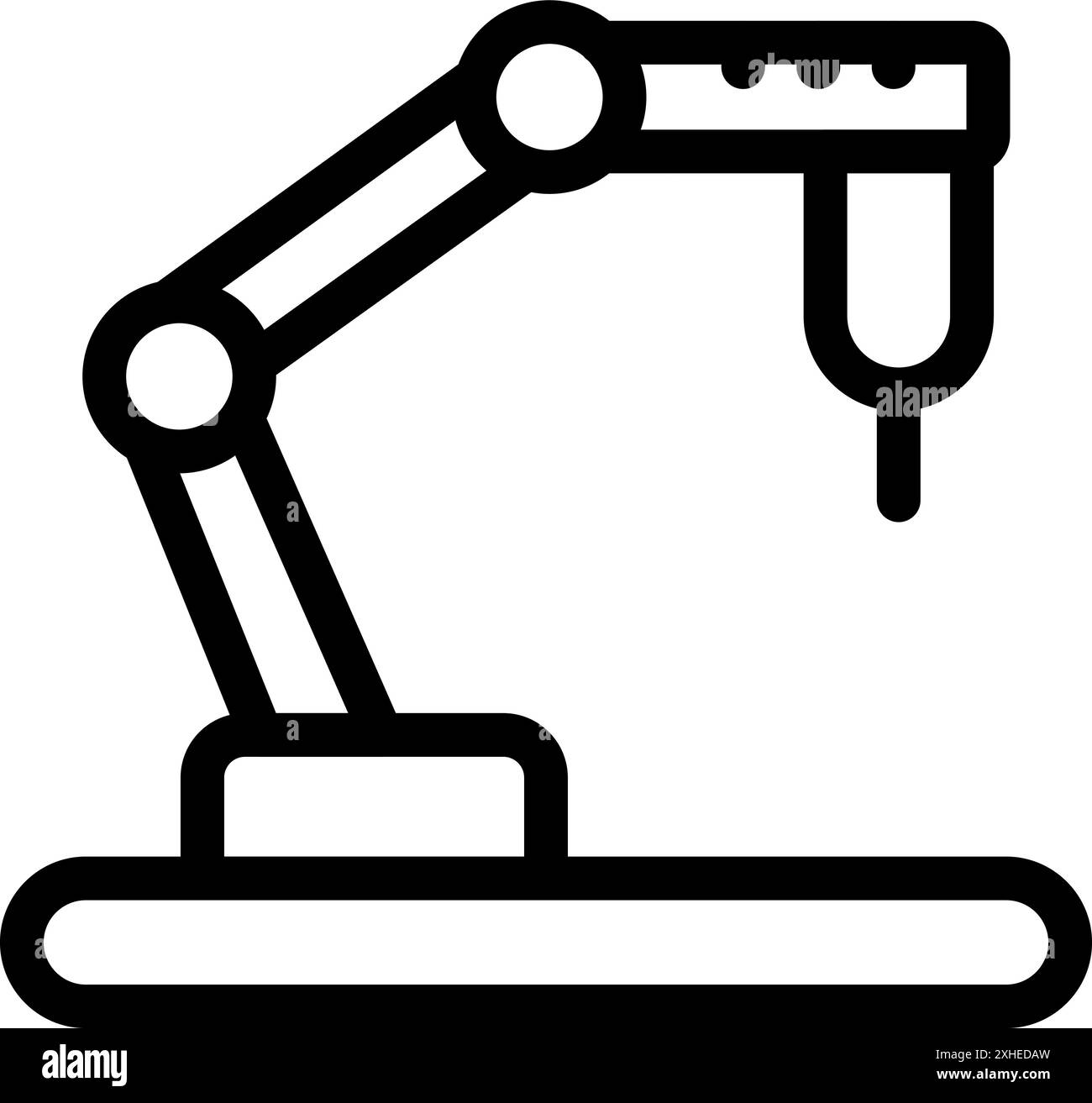 Simple black and white line art icon of a robotic arm performing an industrial automation task ...