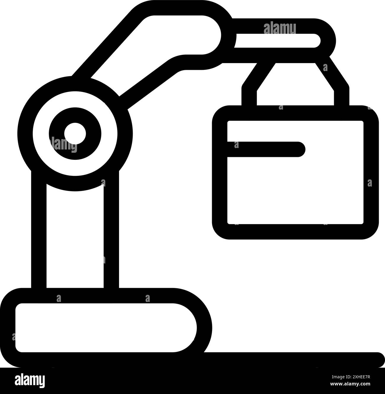 Line art icon of robotic arm lifting and moving box, representing ...