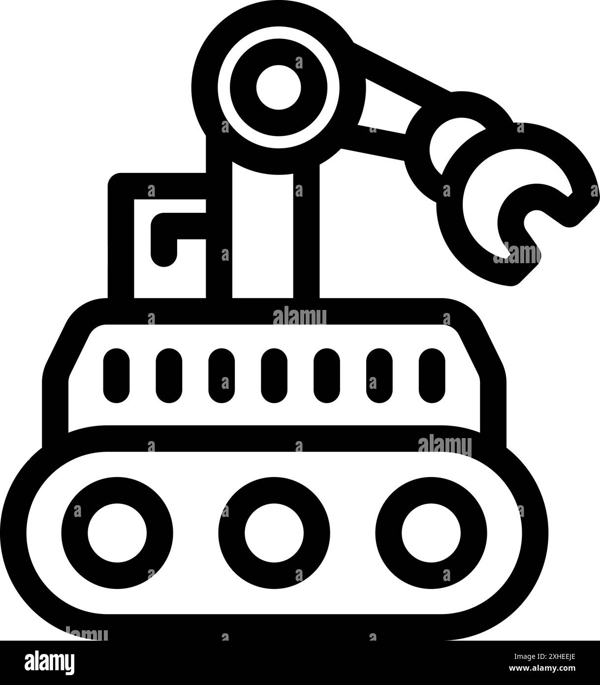 Line icon of an industrial robot arm holding a wrench, representing ...